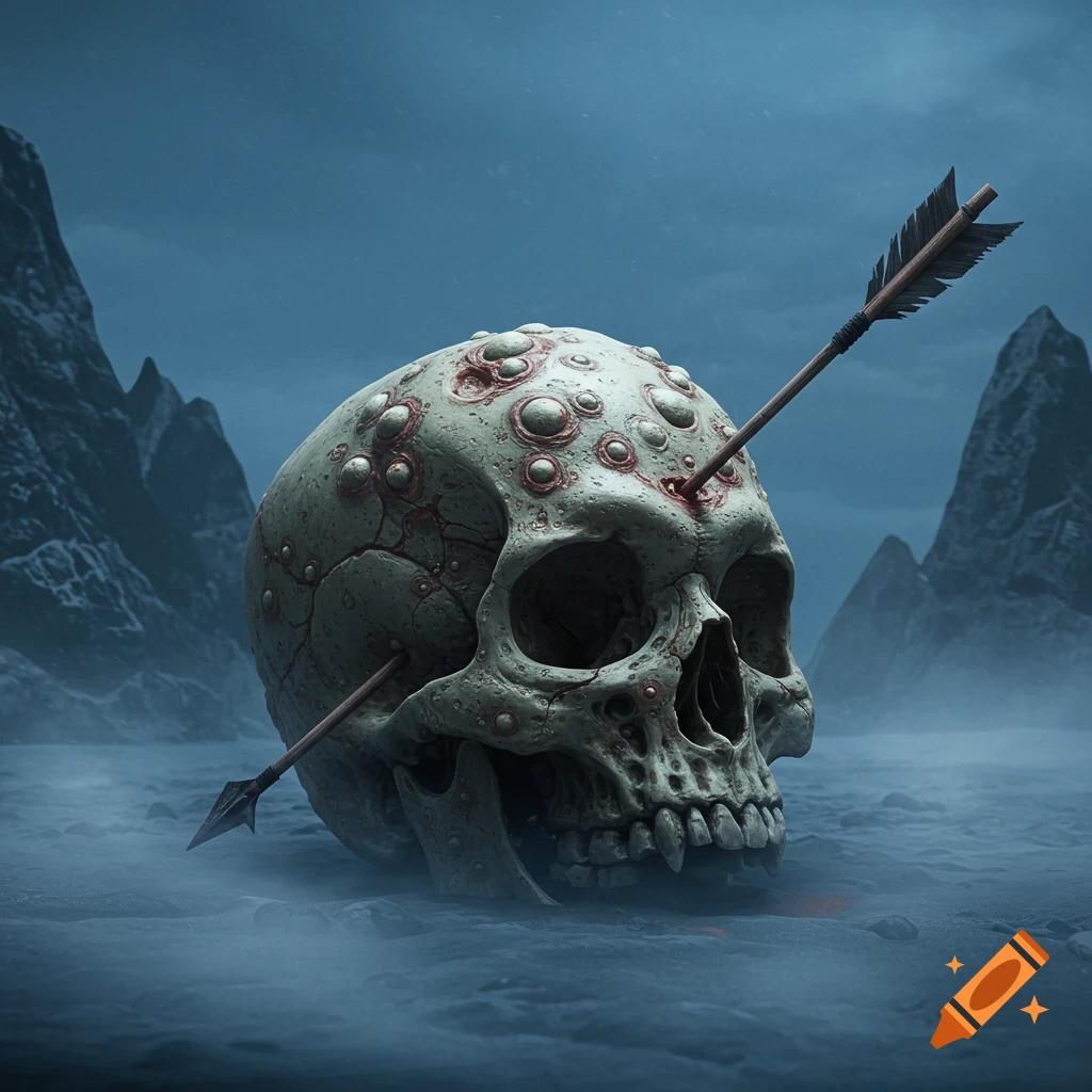 A legion of skeletons playing trumpets and drums under a somber red sky ...