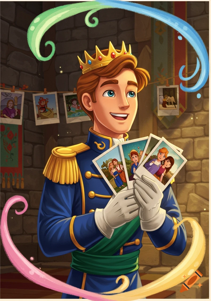 A smiling cartoon prince in a blue uniform with a crown holds printed ...