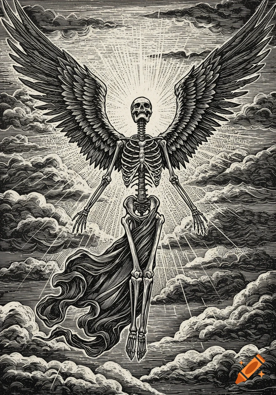 A black and white woodcut of a winged skeleton with flowing cloth ...