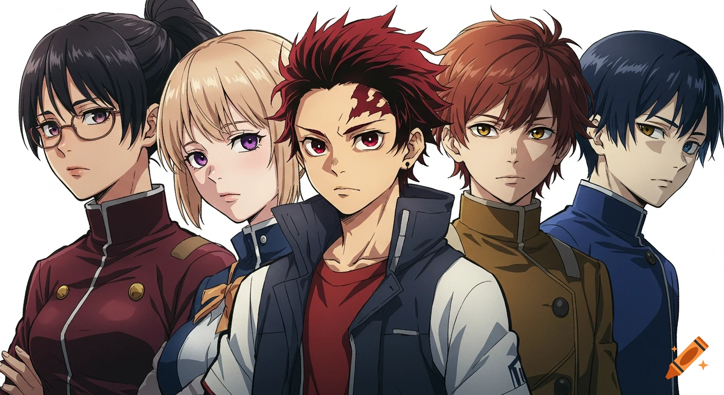 Four anime characters, one male and three females, stand smiling on an ...