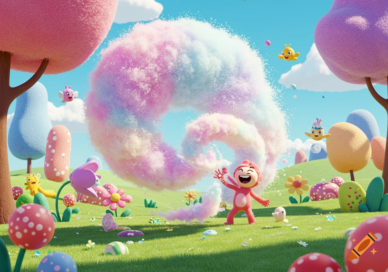 A happy, furry red cartoon creature with open arms stands in a ...