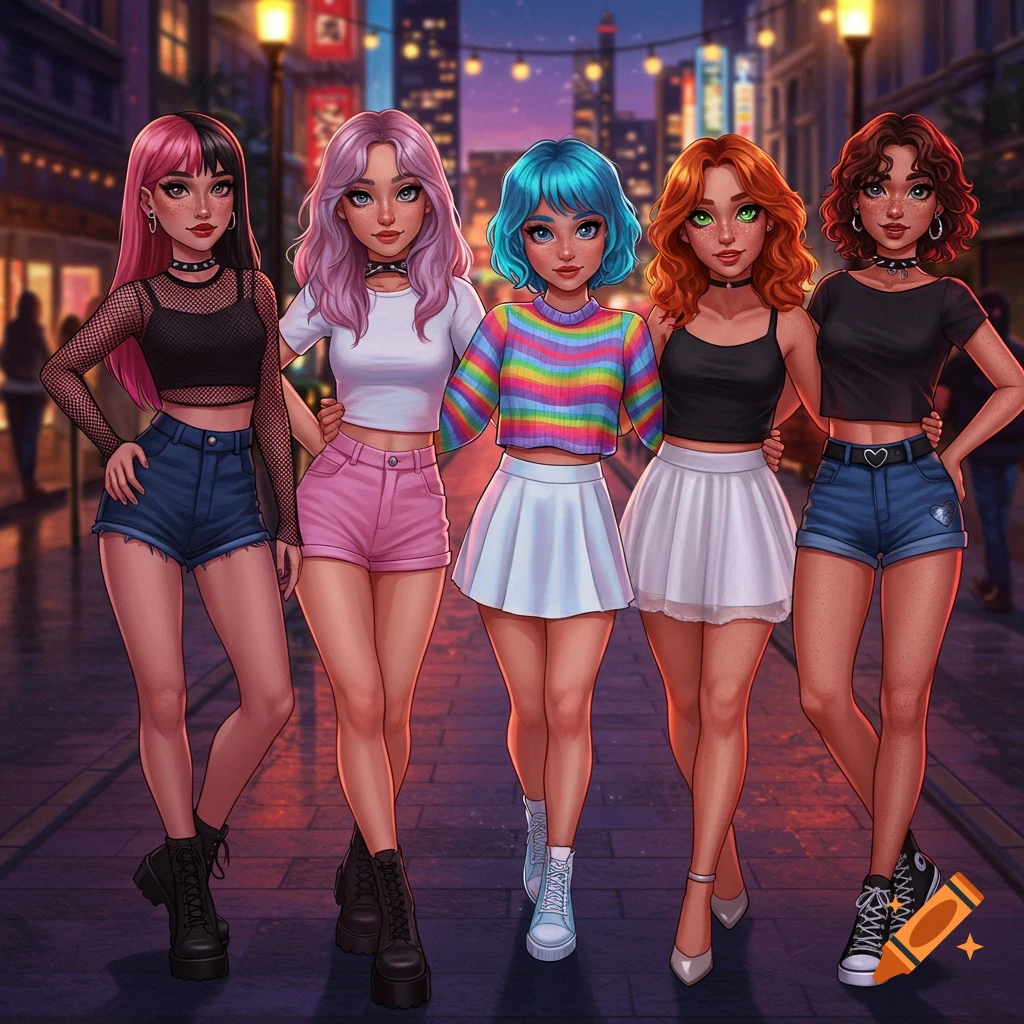 Five vibrantly dressed young women with colorful hair stand on a city ...