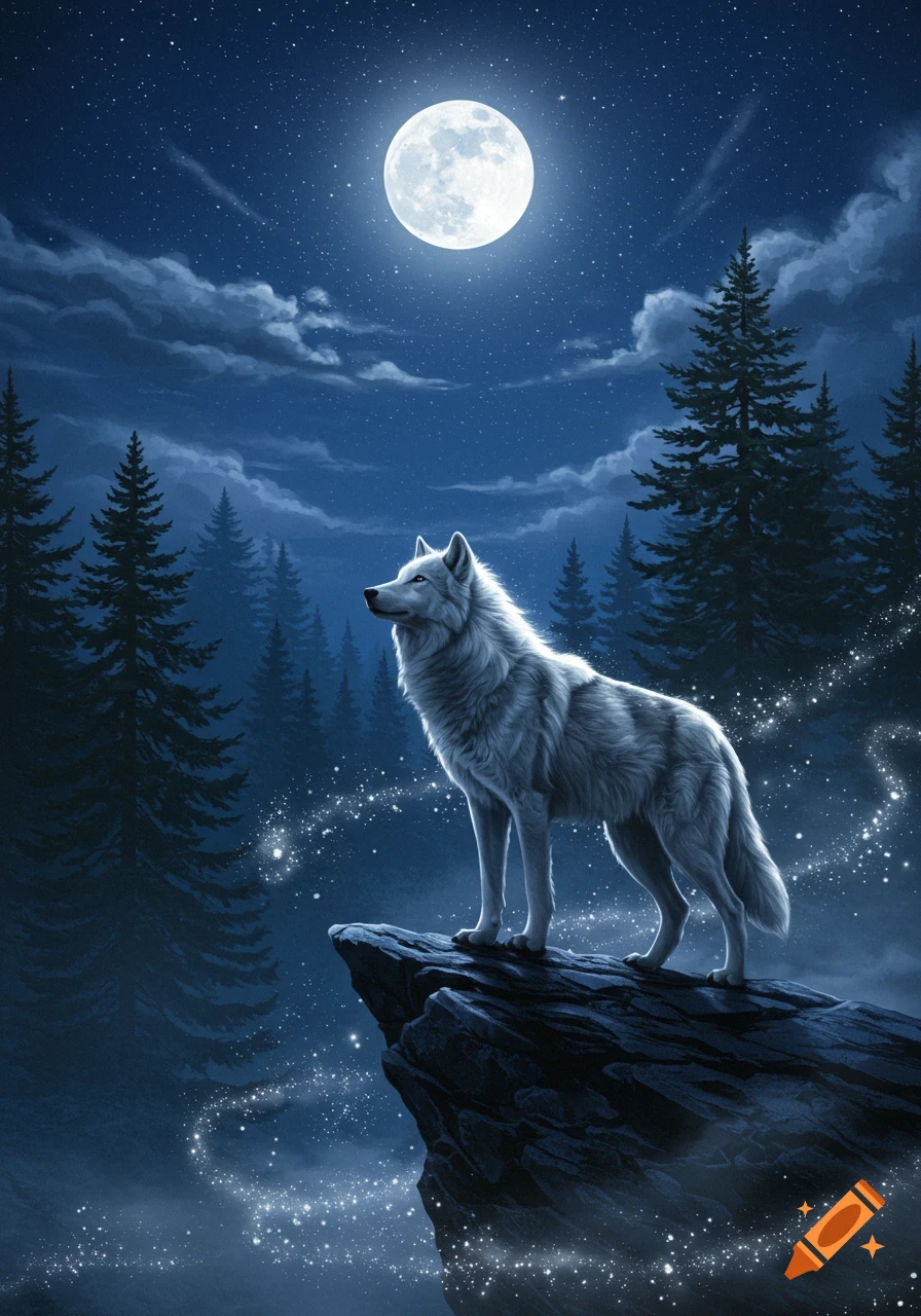 A majestic white wolf stands on a snow-covered mountain peak under a ...