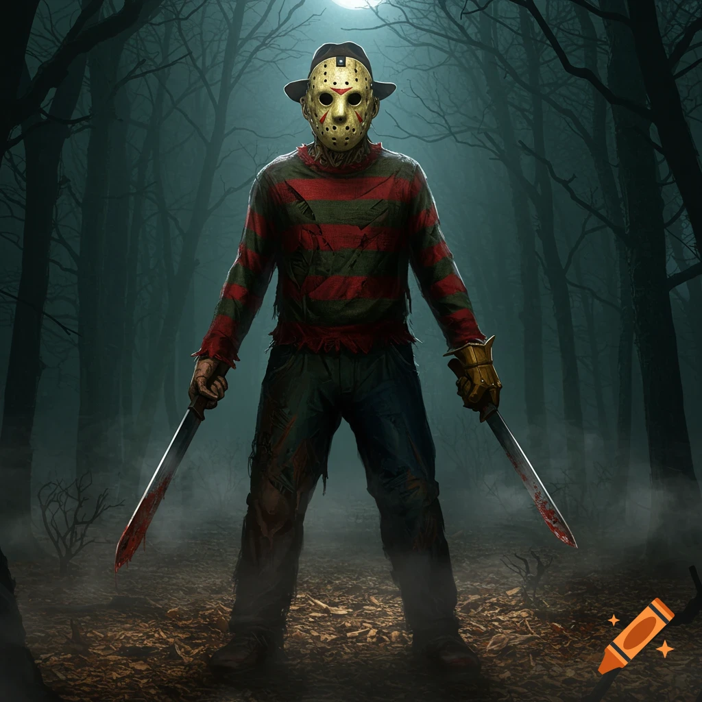 Freddy Krueger, Jason Voorhees, and another masked killer stand in a ...