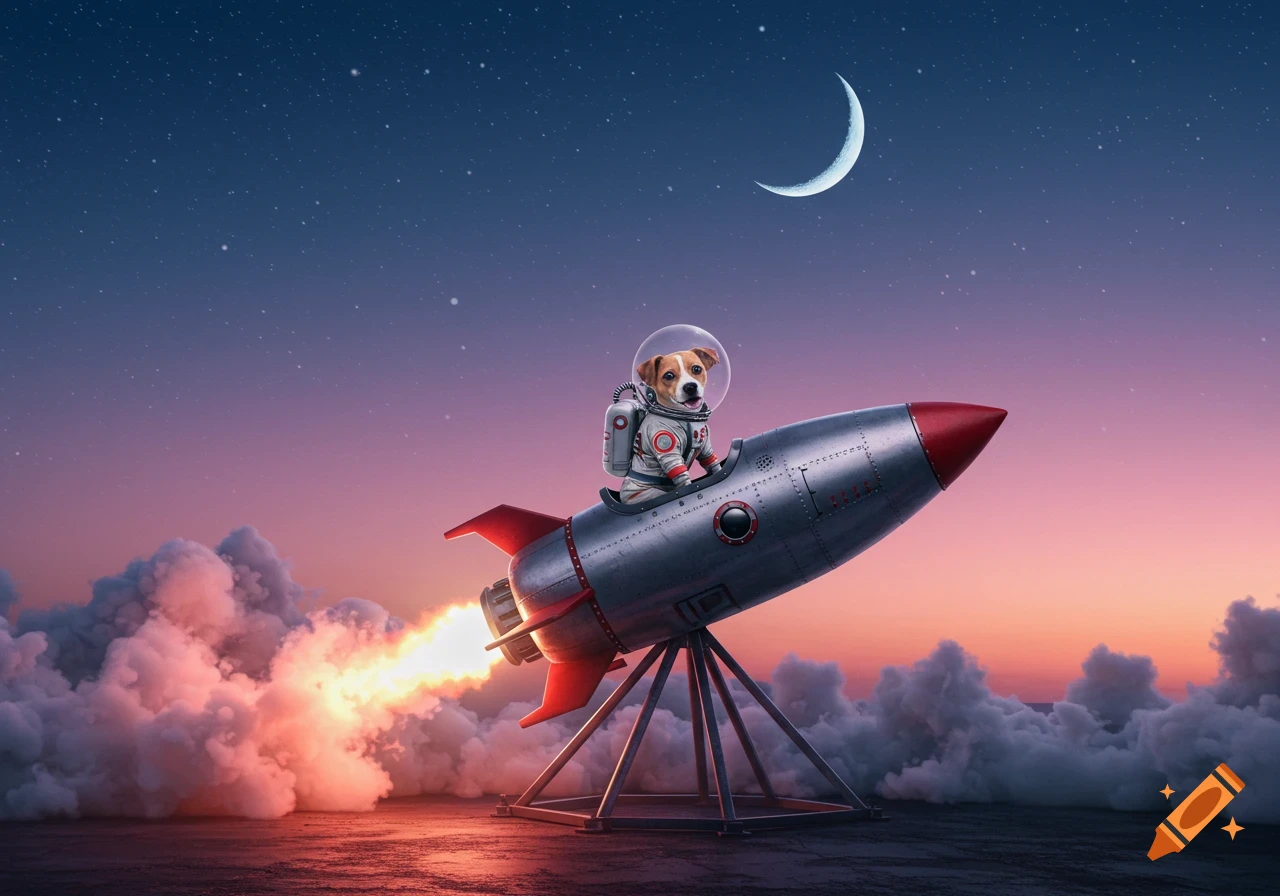 A cute dog in a spacesuit sits atop a rocket ready for launch against a ...