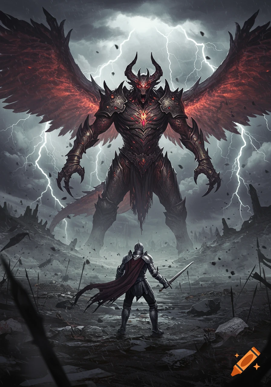 A lone knight confronts a massive horned demon with fiery wings on a ...
