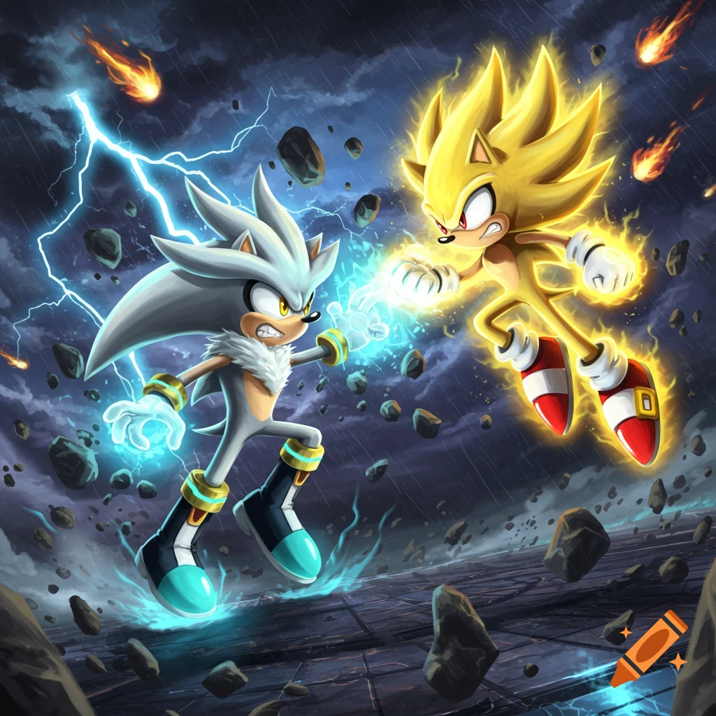 Silver the Hedgehog and Super Sonic clash with energy blasts and ...