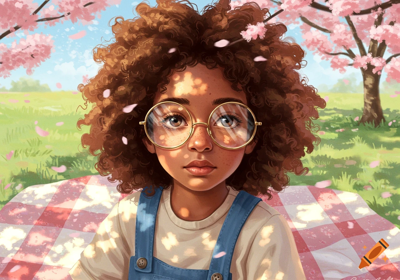 An illustrated portrait of a young child with curly brown hair and glasses, sitting on a picnic ...
