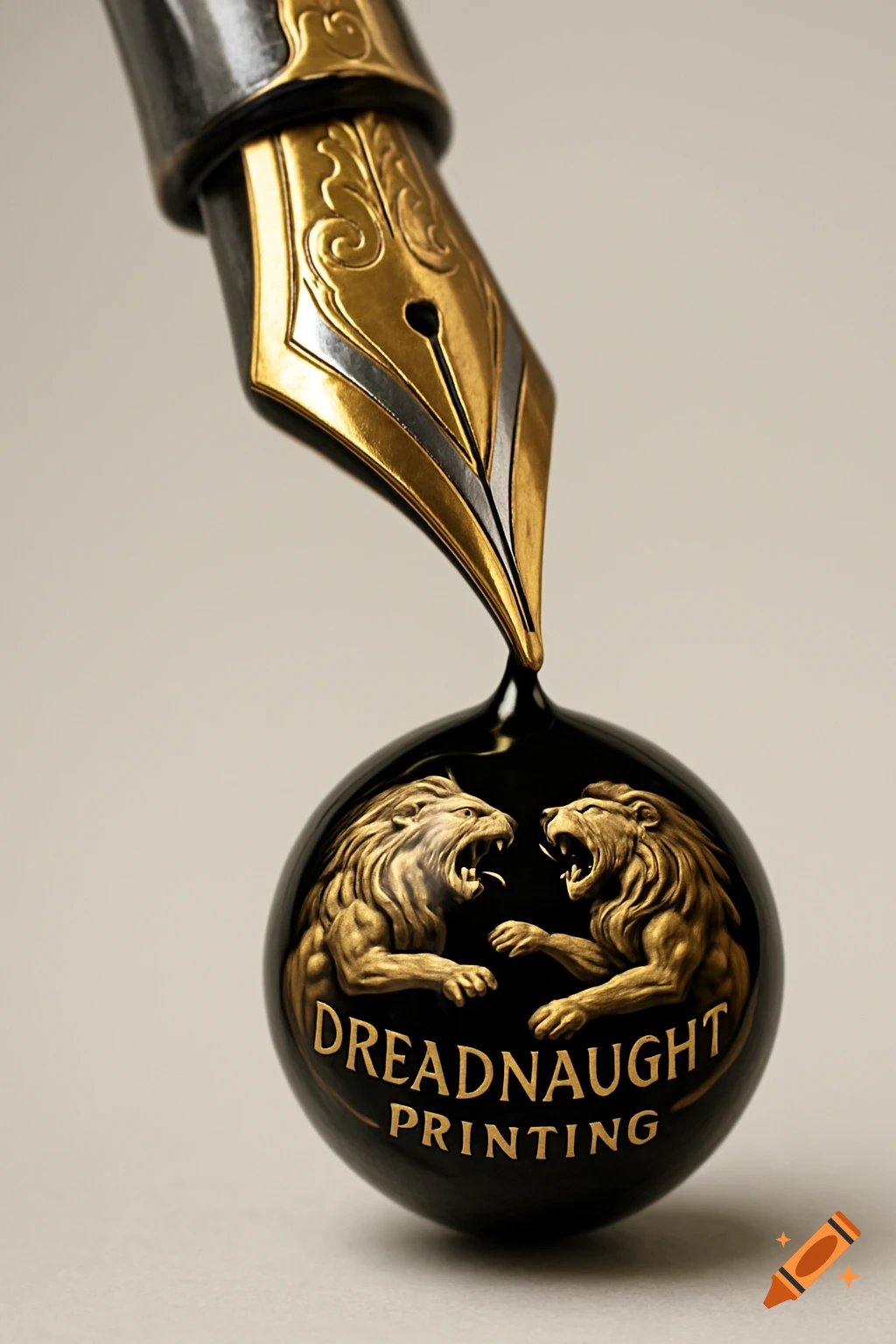 A golden calligraphy pen nib with a glossy black ink drop featuring ...