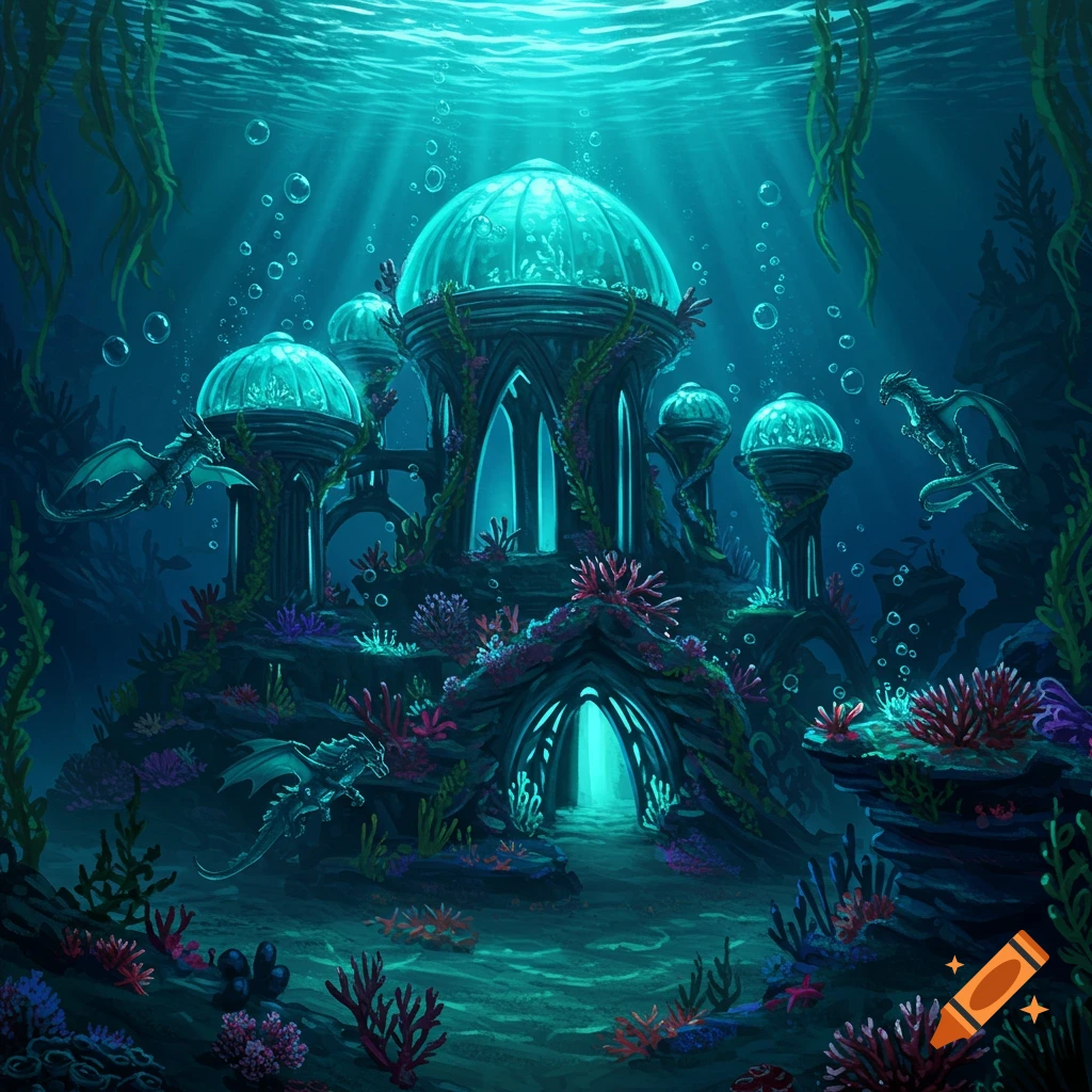 A vibrant underwater fantasy city with glowing domes and coral, with ...