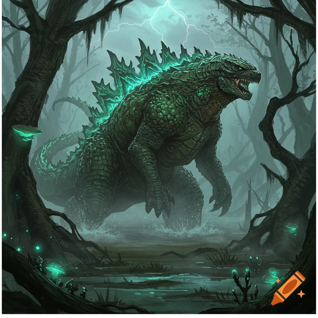 A large green Godzilla with glowing spines stands in a dark, misty ...