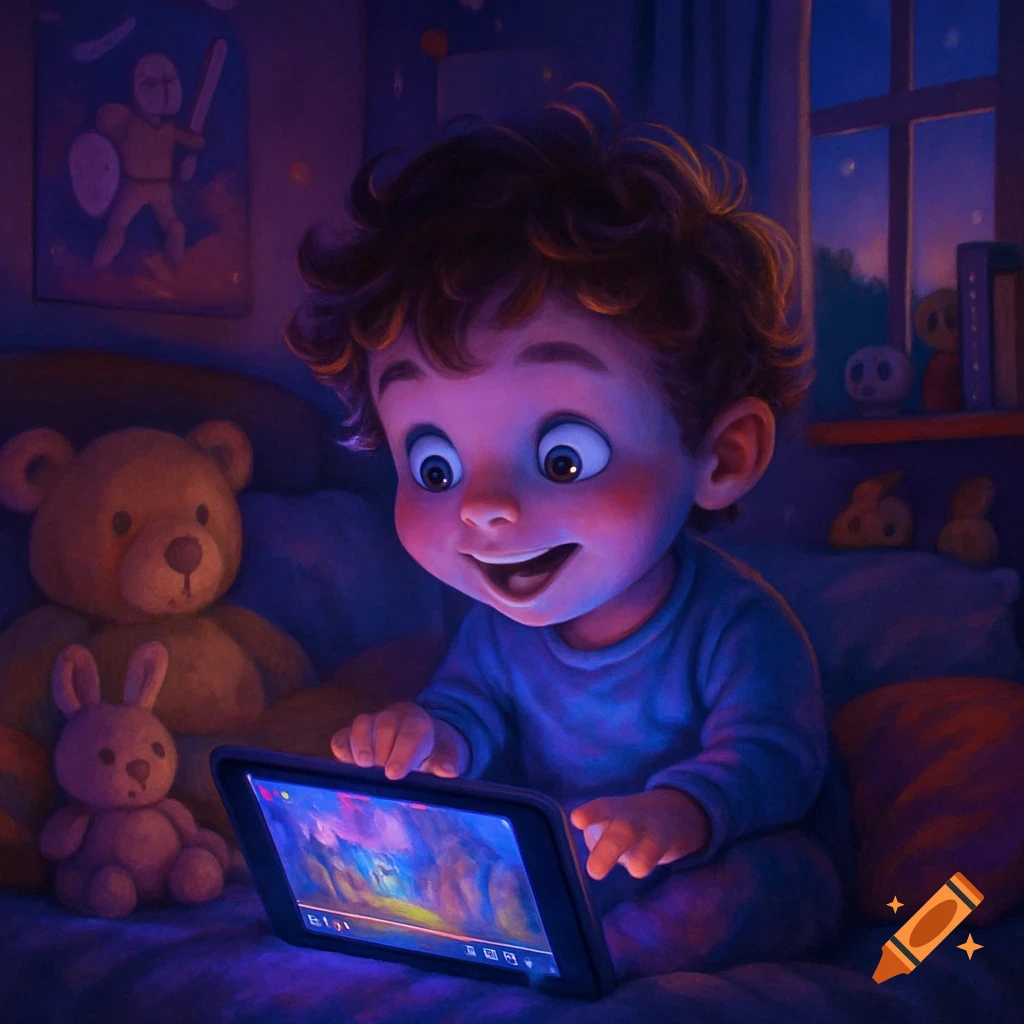 A happy cartoon child with curly hair watching a tablet in a dark ...