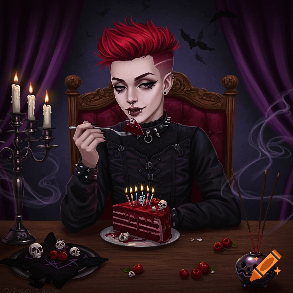 Stylized illustration of a goth person with red hair eating a slice of ...