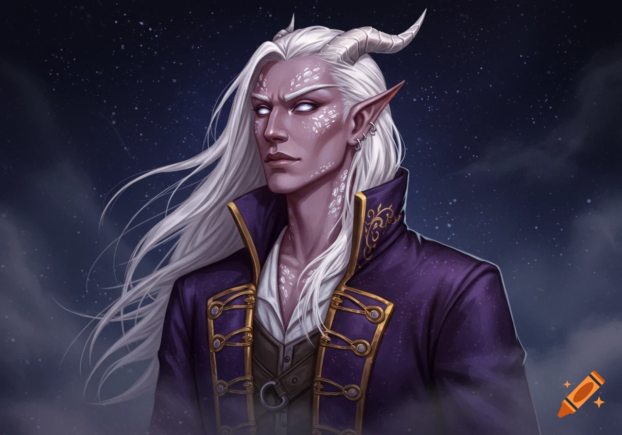 A pale, horned male elf with white hair and glowing eyes, wearing a ...