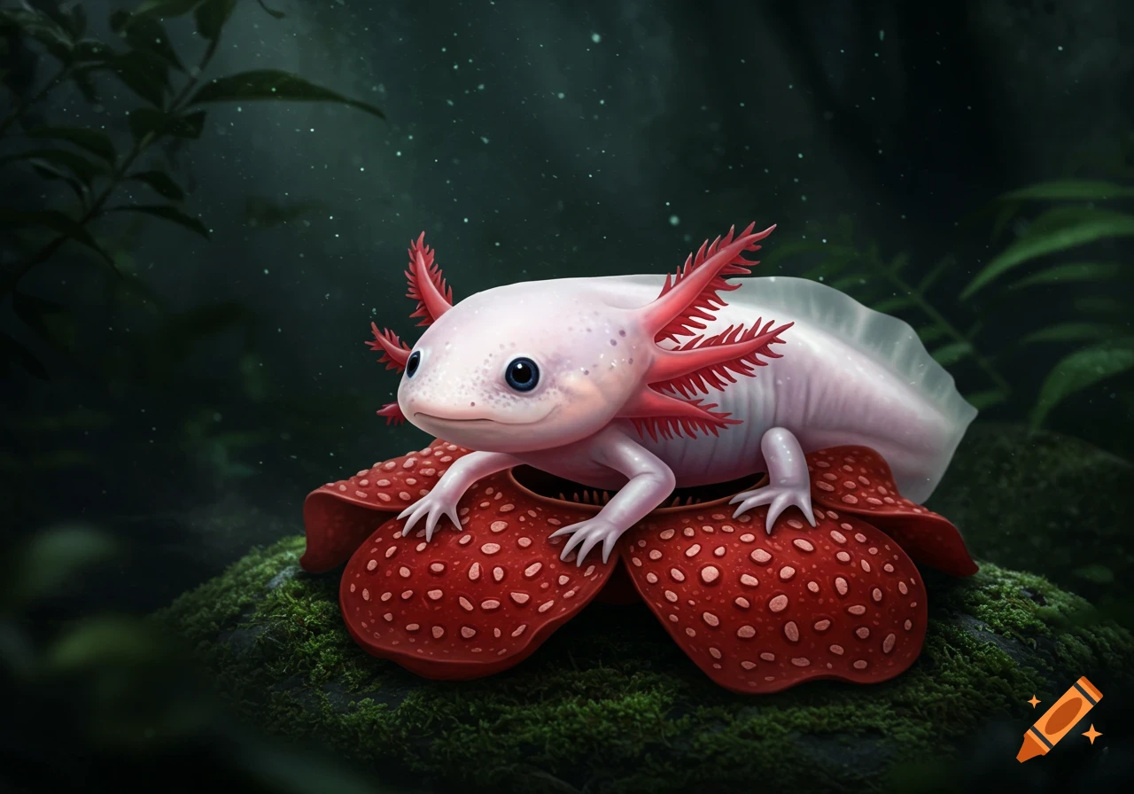 A cute, pale pink axolotl with red gills sits on a red rafflesia flower ...