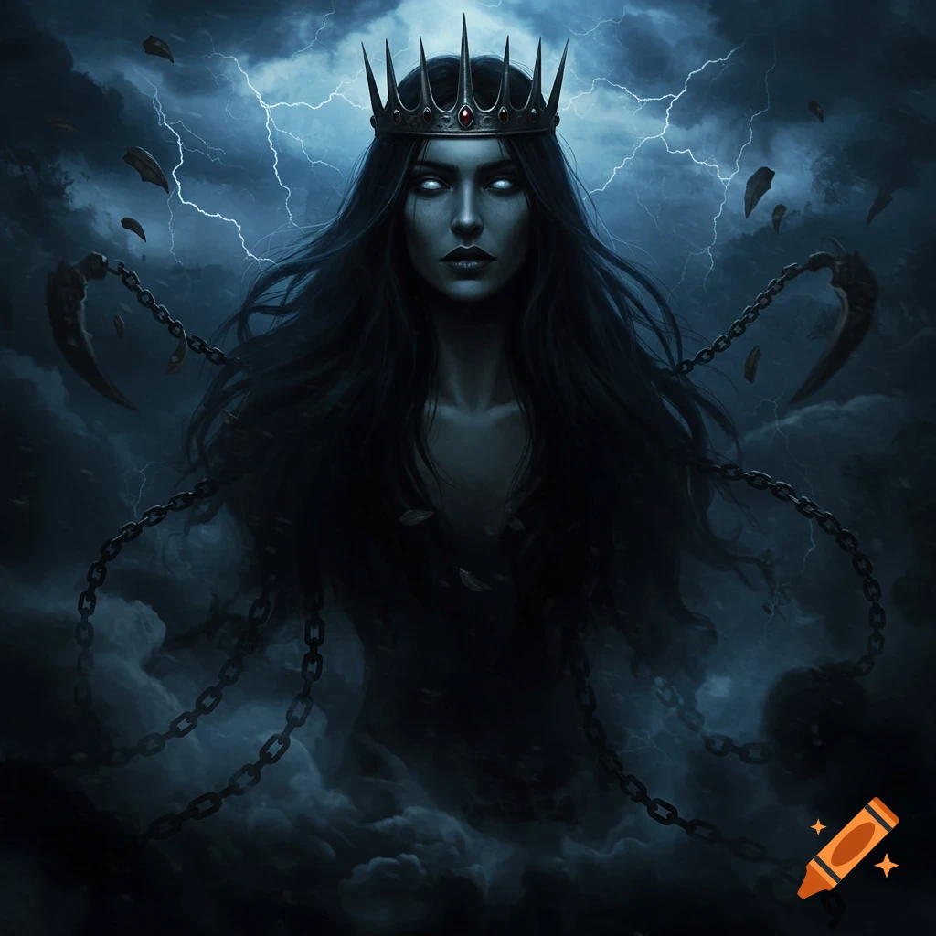 A dark fantasy portrait of a queen with glowing eyes and a spiky crown ...