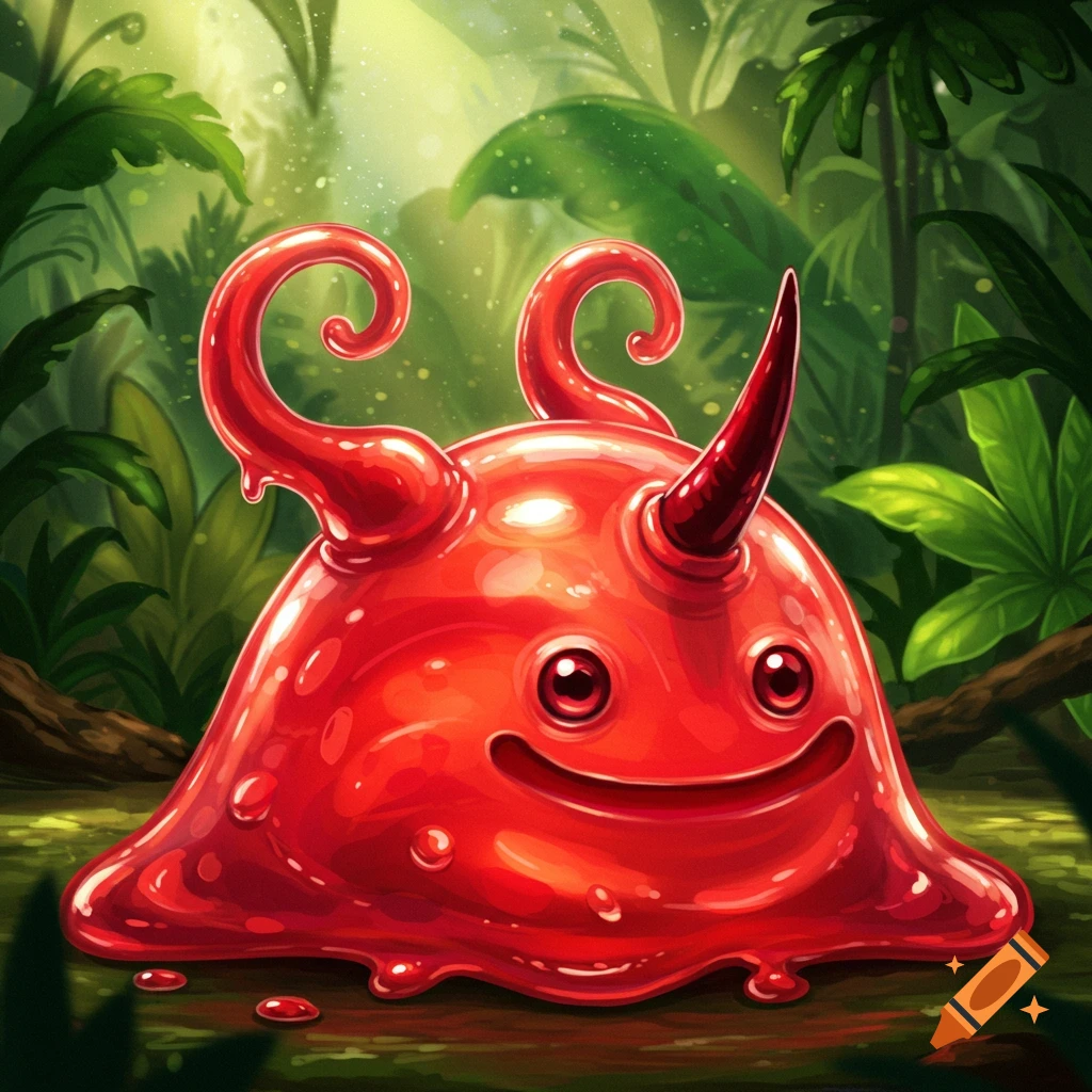 A shiny, happy red slime monster with horns in a lush jungle. on Craiyon