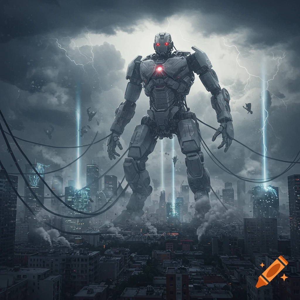 A cyborg shark in a top hat shoots blue and red lasers from its eyes ...