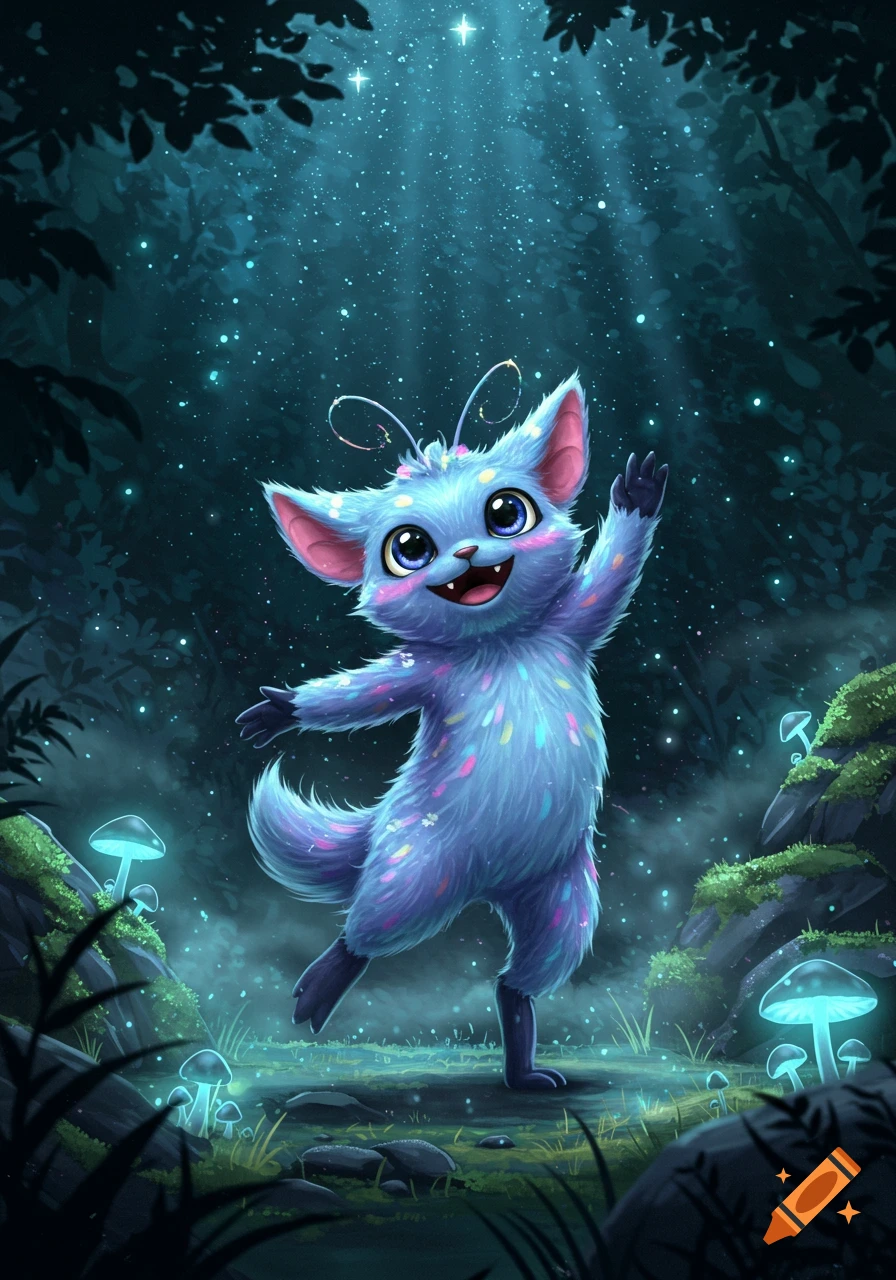 Five cute fairy-like cats with wings, wearing hoodies and wizard hats, stand in a glowing ...