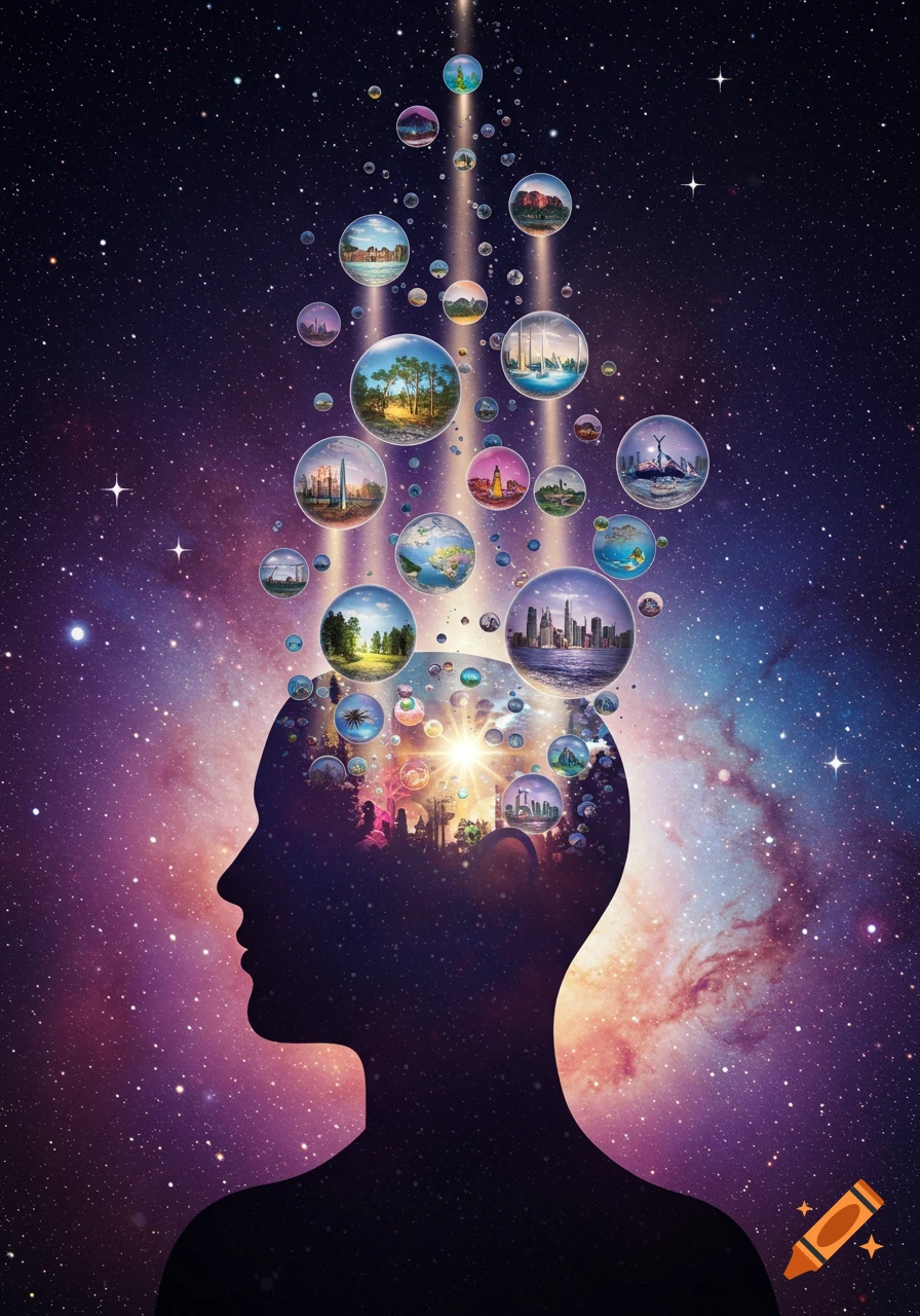 Silhouette of a human head against a starry galaxy, with numerous ...