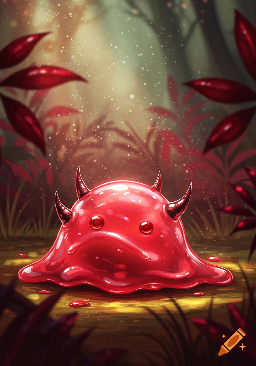 A cute, glossy red slime monster with two dark horns and two red eyes ...
