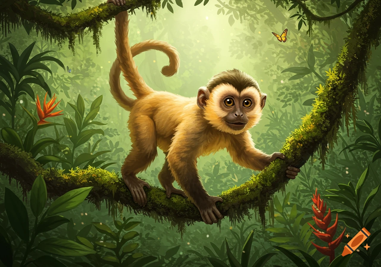 A cute cartoon baby monkey with big brown eyes and a faint scar above ...