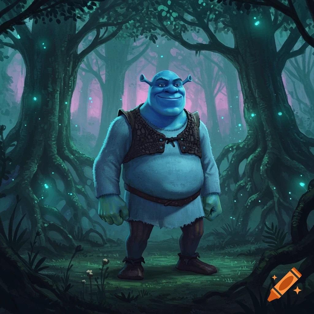 A green, multi-eyed Mike Wazowski-like monster stands smiling in a dark ...