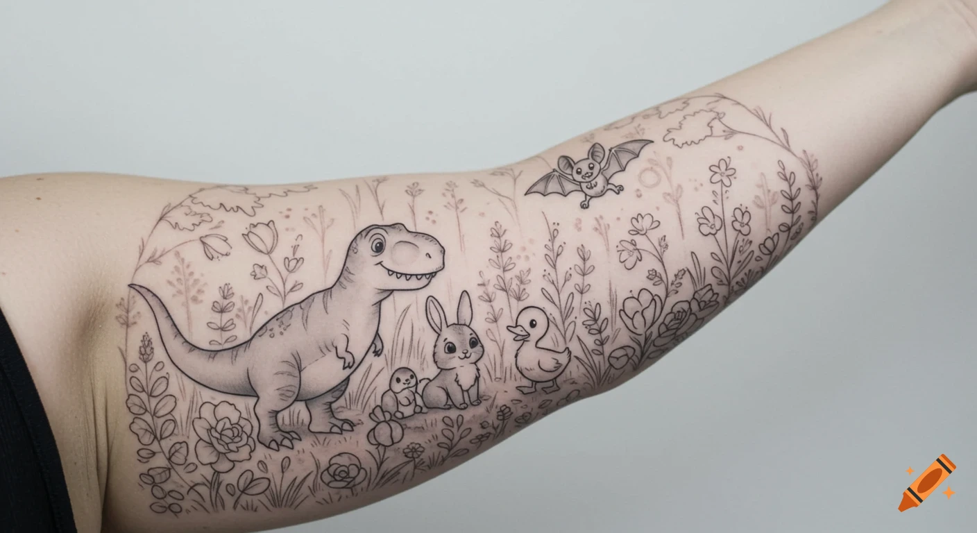 Black and grey line-art tattoo on an arm featuring a cartoon dinosaur and friends (bat, bunny ...