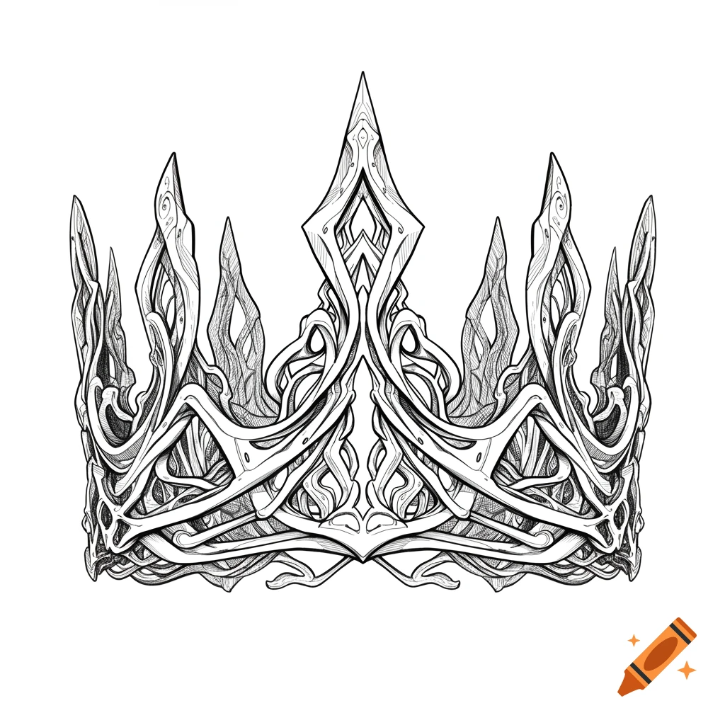 A detailed black and white line art drawing of a futuristic crown with ...