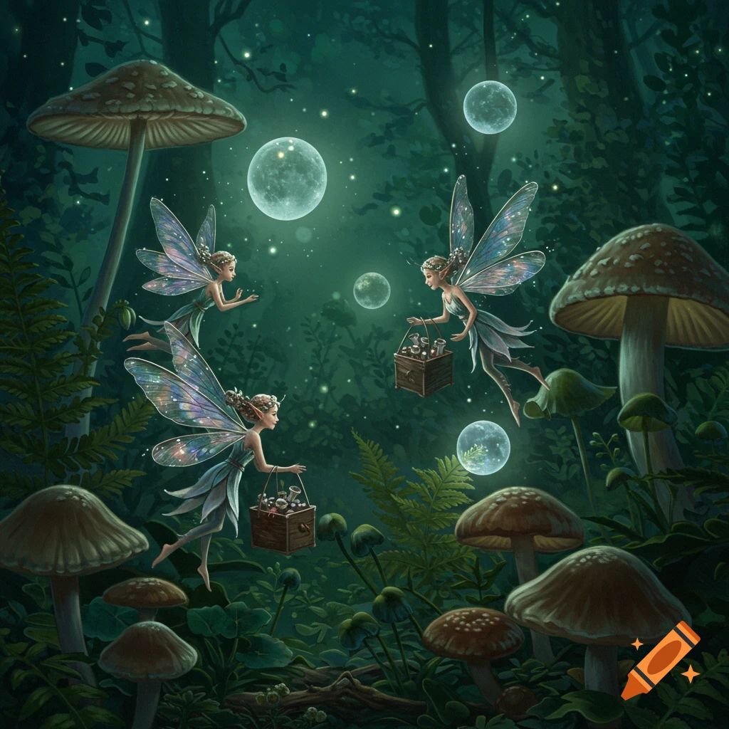 Fairies with iridescent wings fly through a dark, enchanting forest at night, with large ...