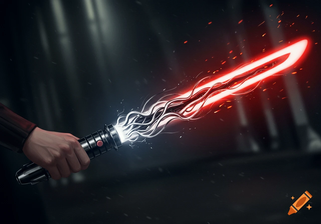 A glowing white lightsaber with sparkling glitter lies on a reflective ...