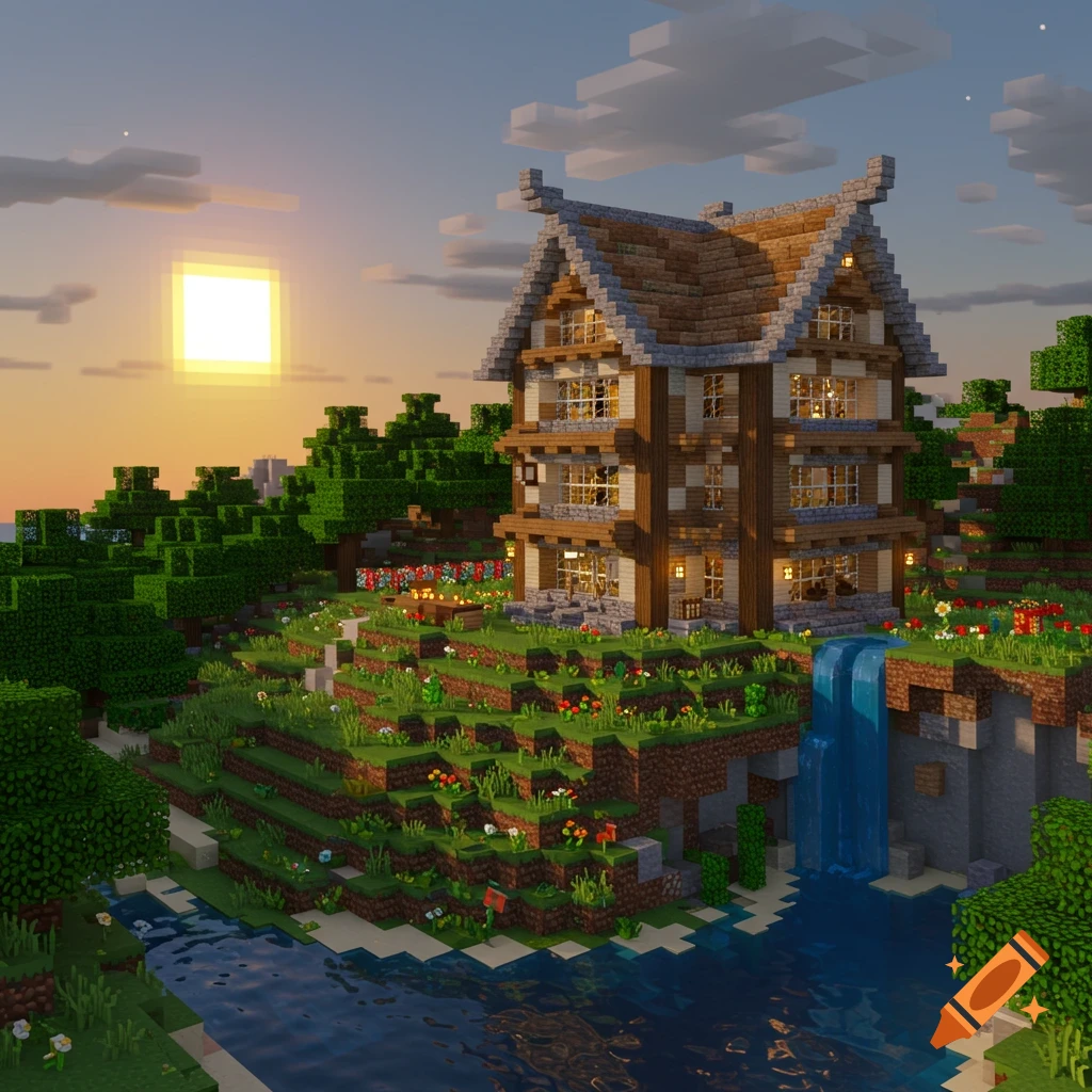 A detailed Minecraft house on a grassy hill with a waterfall leading to ...