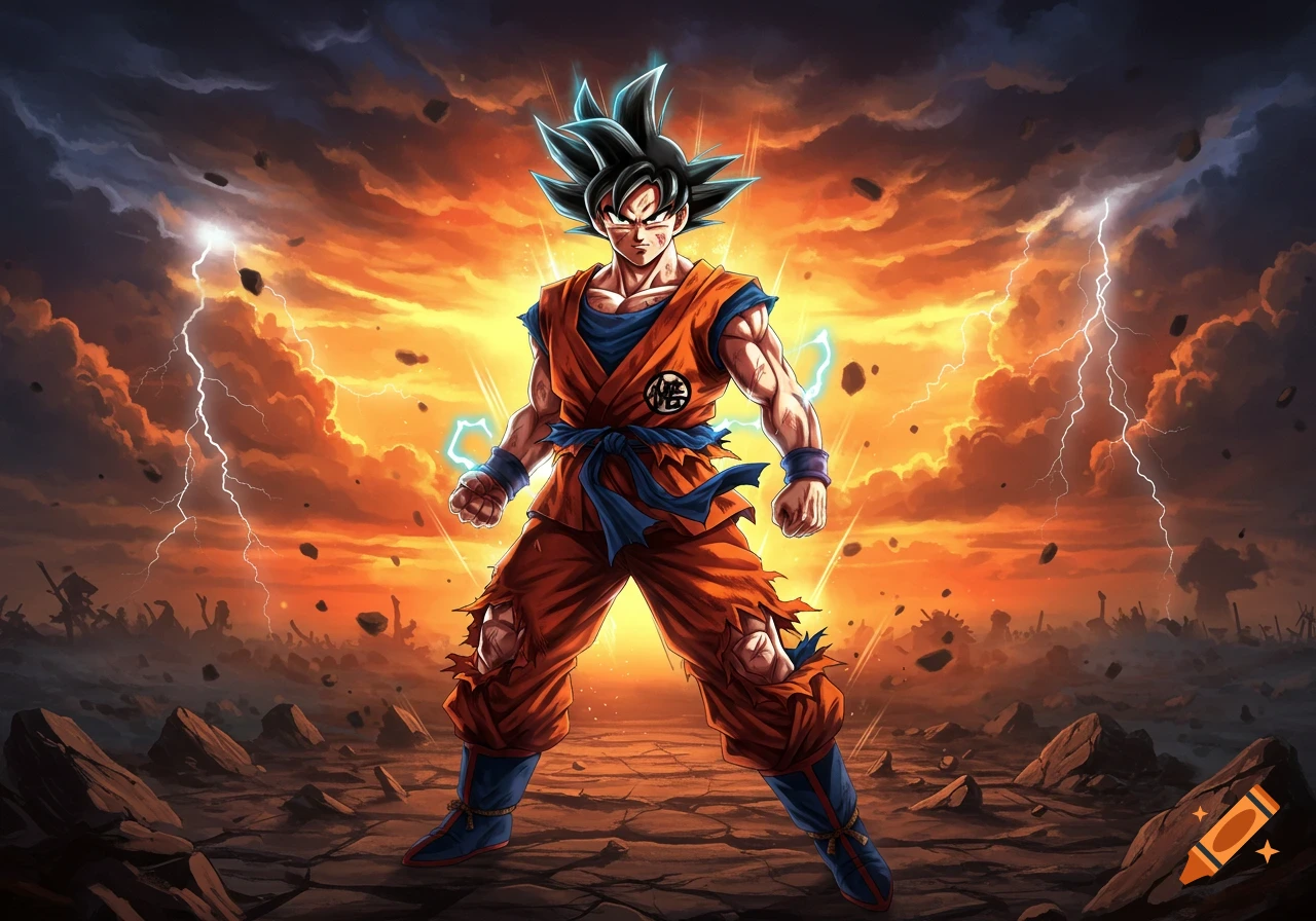 Goku, shirtless and muscular, levitates in a rocky, sunset landscape ...