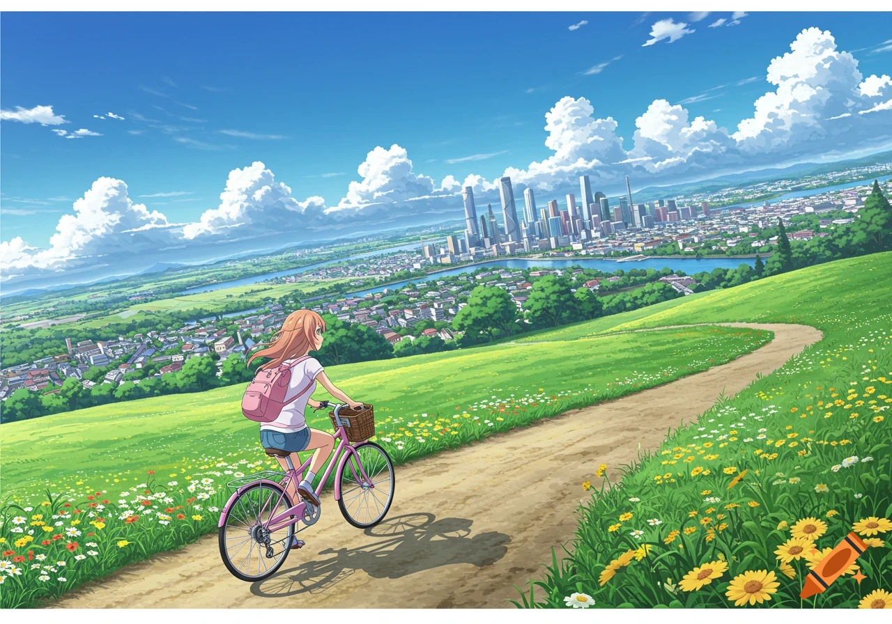 A Ghibli-style illustration of a hilly fantasy village with houses ...