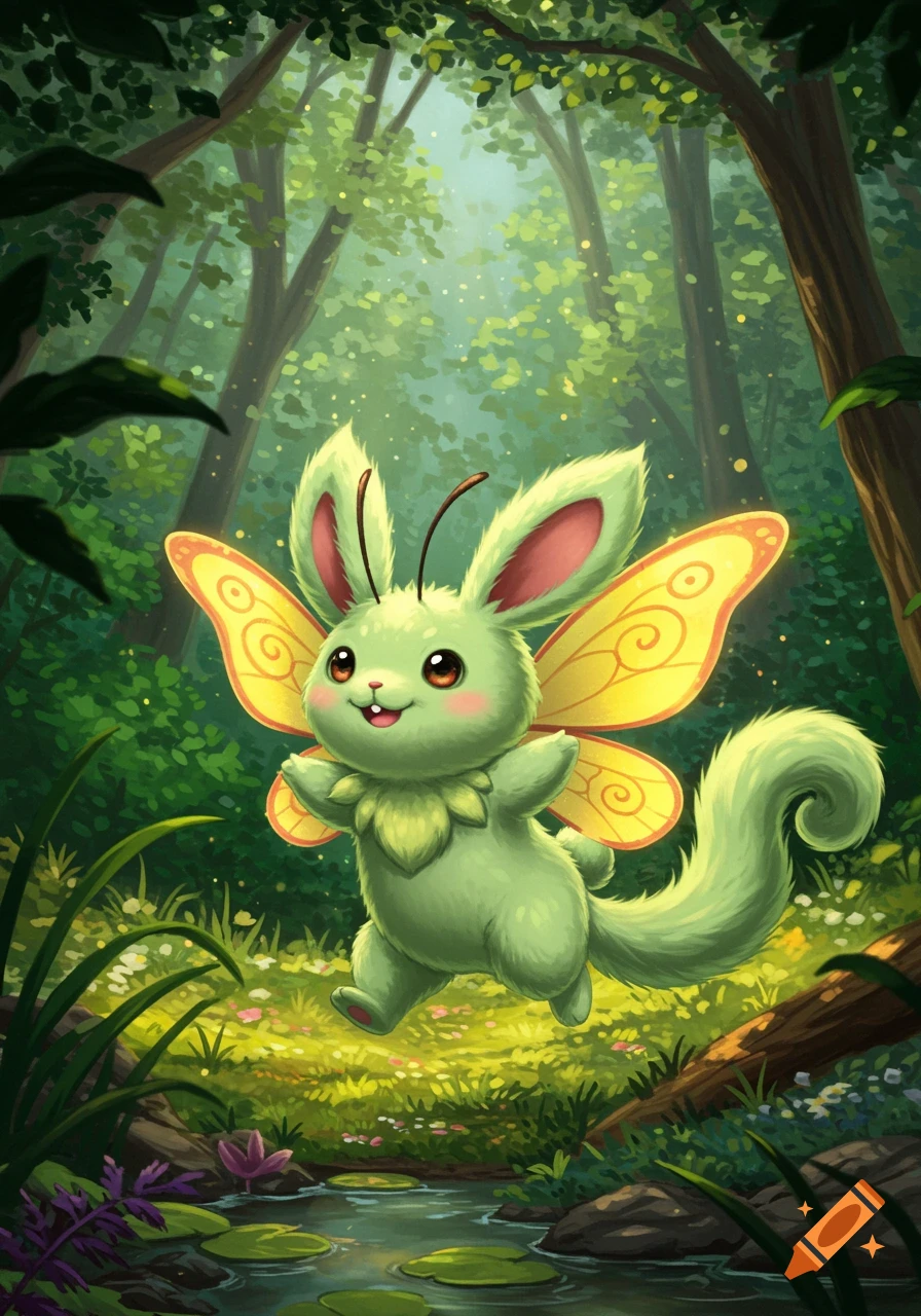 A cute, fluffy green rabbit-like creature with yellow butterfly wings ...