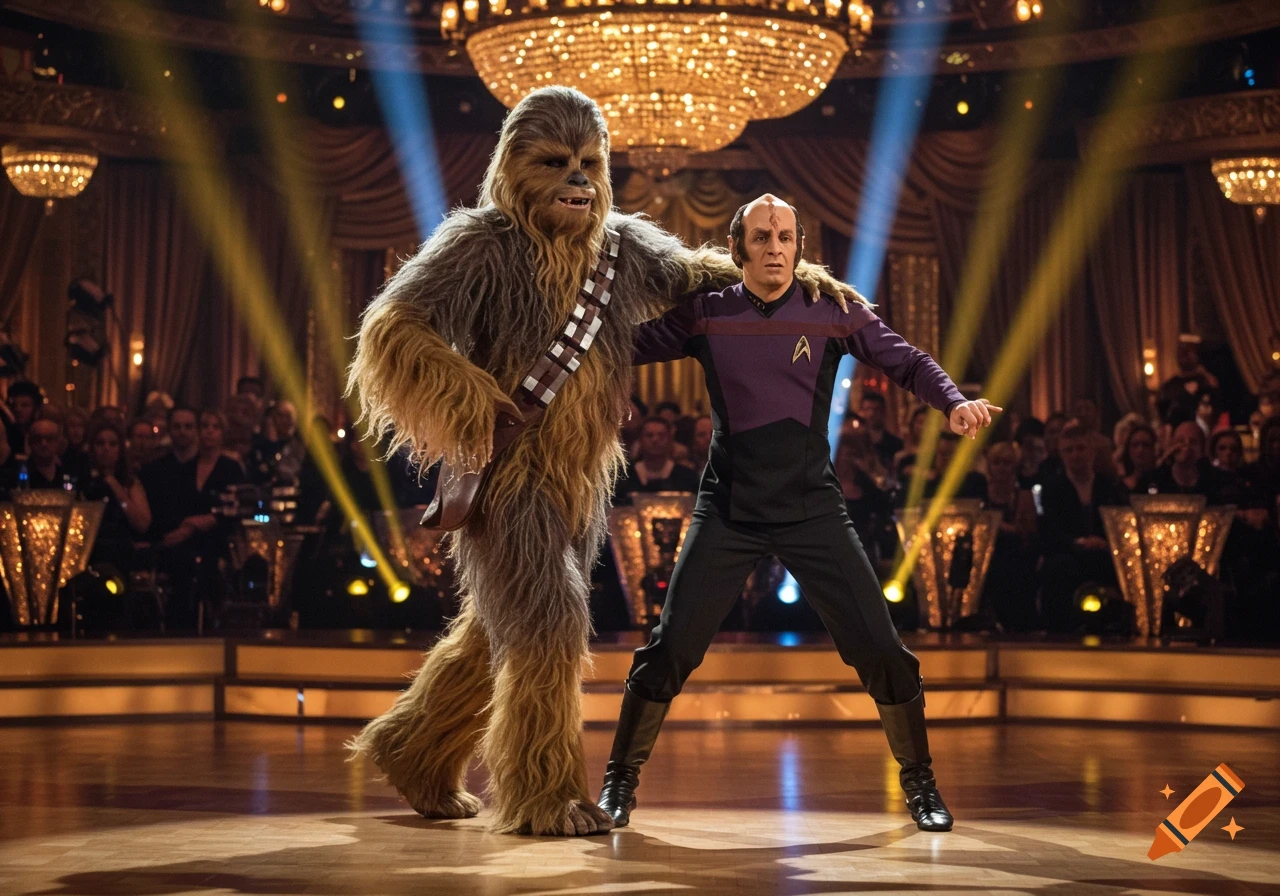 Chewbacca and Worf dance together on a brightly lit ballroom stage, photorealistic. on Craiyon