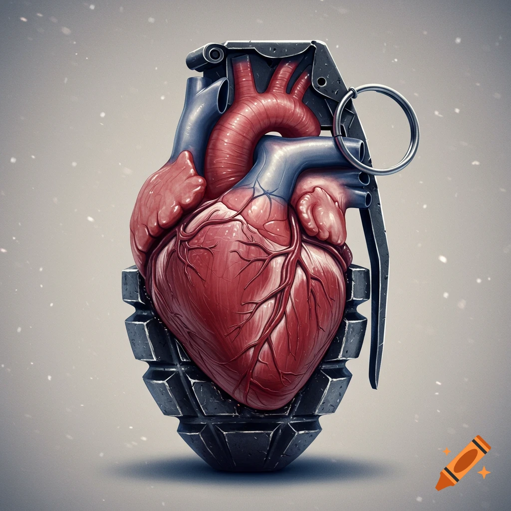 A realistic human heart is depicted, forming the core of a grey metal ...