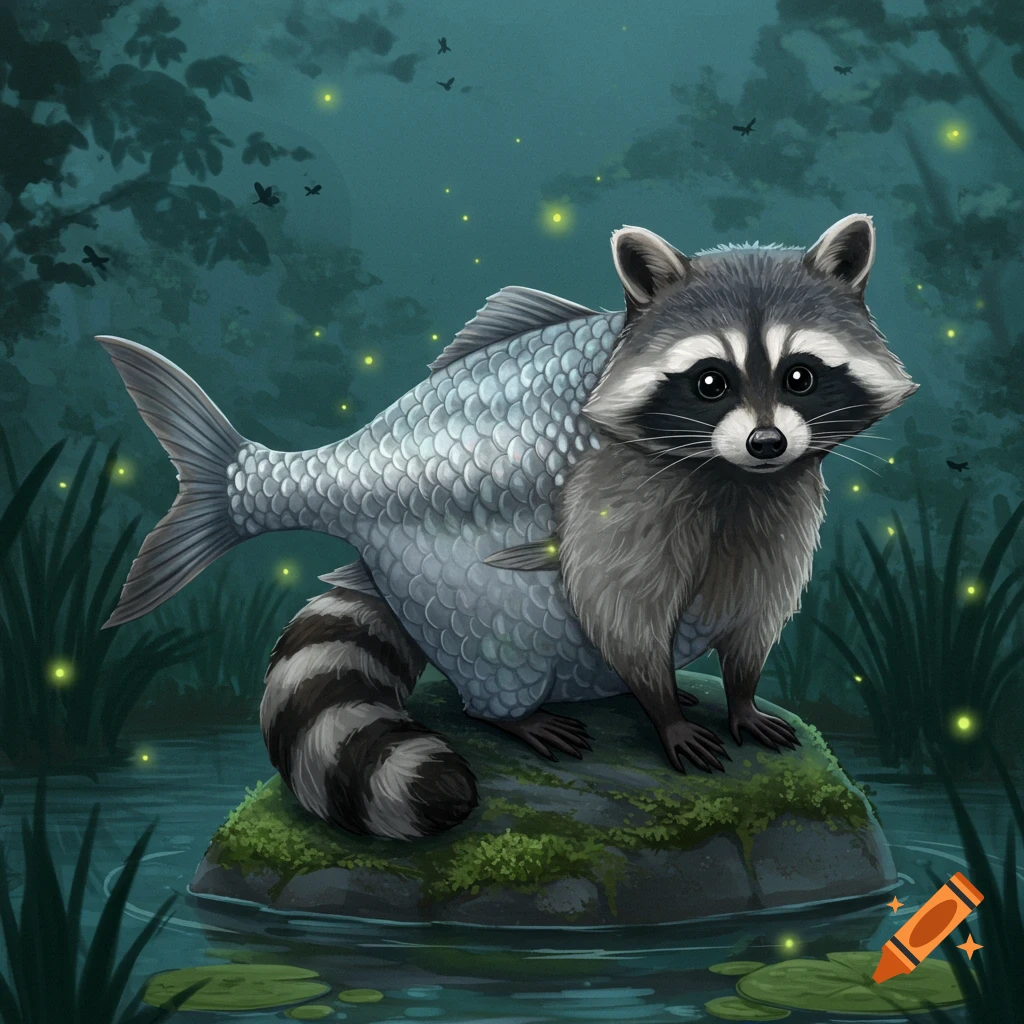 An illustrated raccoon with glowing red eyes perches on a log in a dark ...