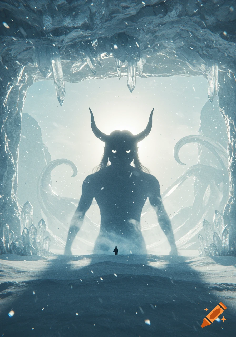 A shadowy horned giant with glowing eyes stands in a snowy, icy cavern ...