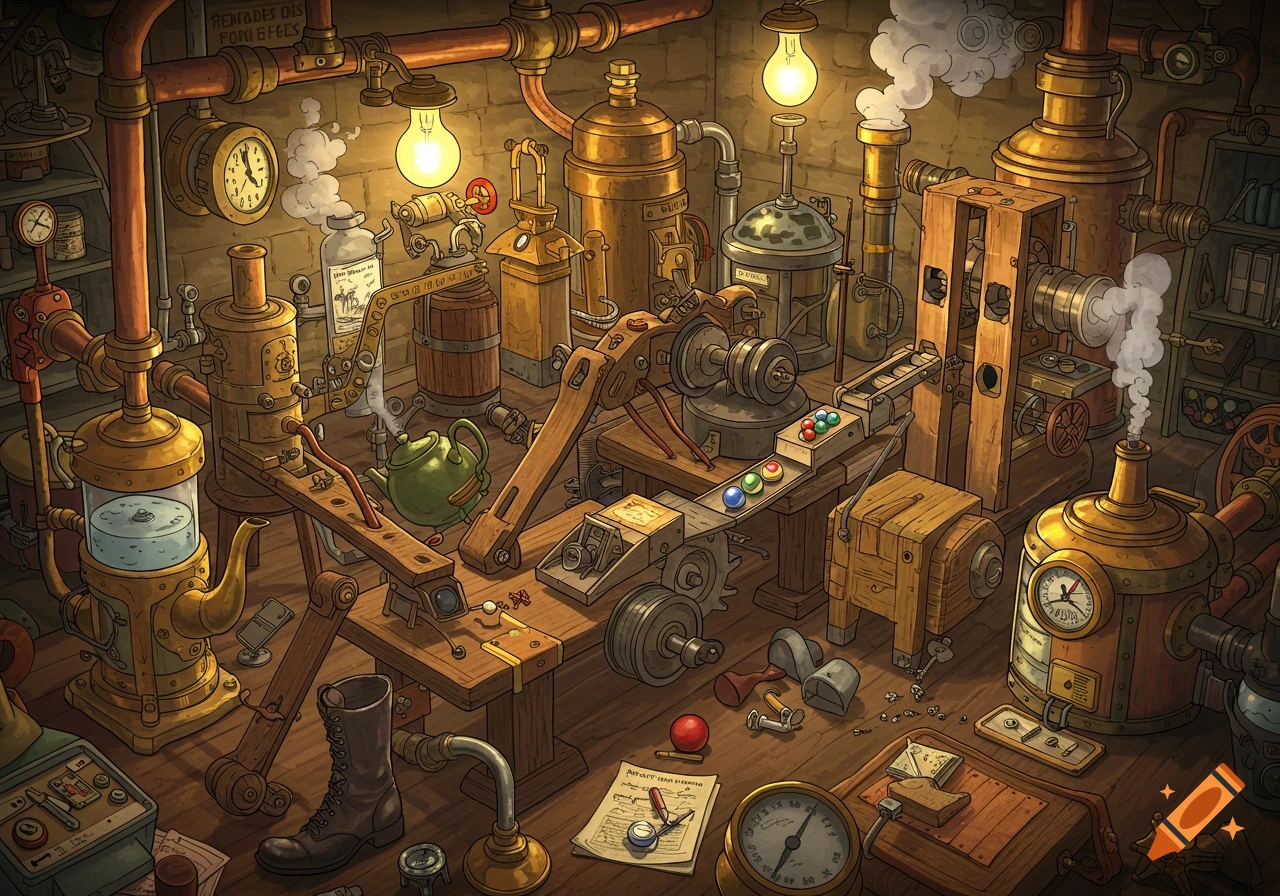 A detailed, cartoonish illustration of a complex Rube Goldberg machine ...