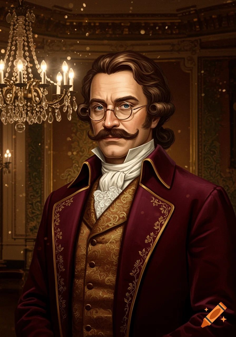 Portrait of Mozart in a red coat and wig, wearing aviator sunglasses ...