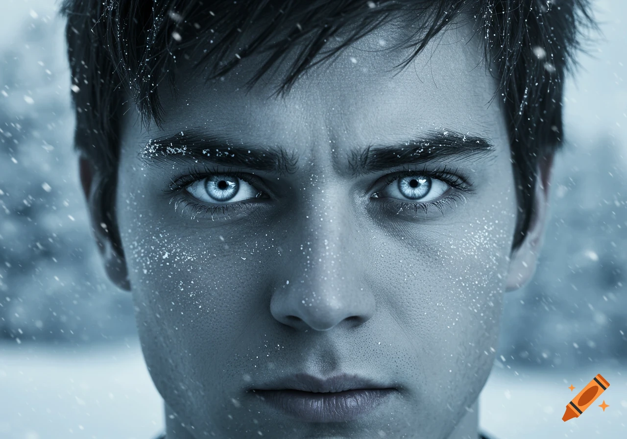 Close-up photorealistic portrait of a person with striking blue eyes ...