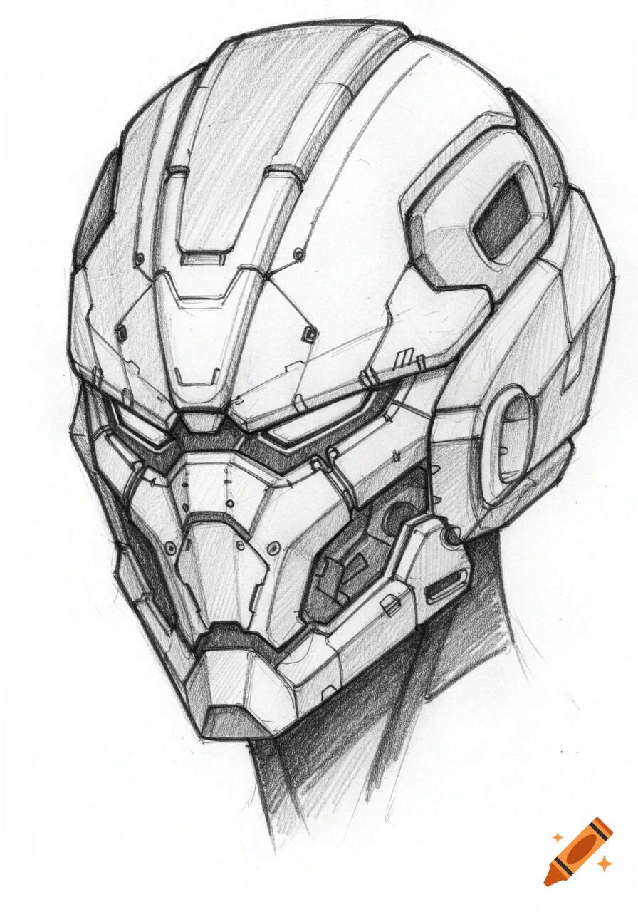A detailed black and white pencil drawing of a futuristic battle mask ...