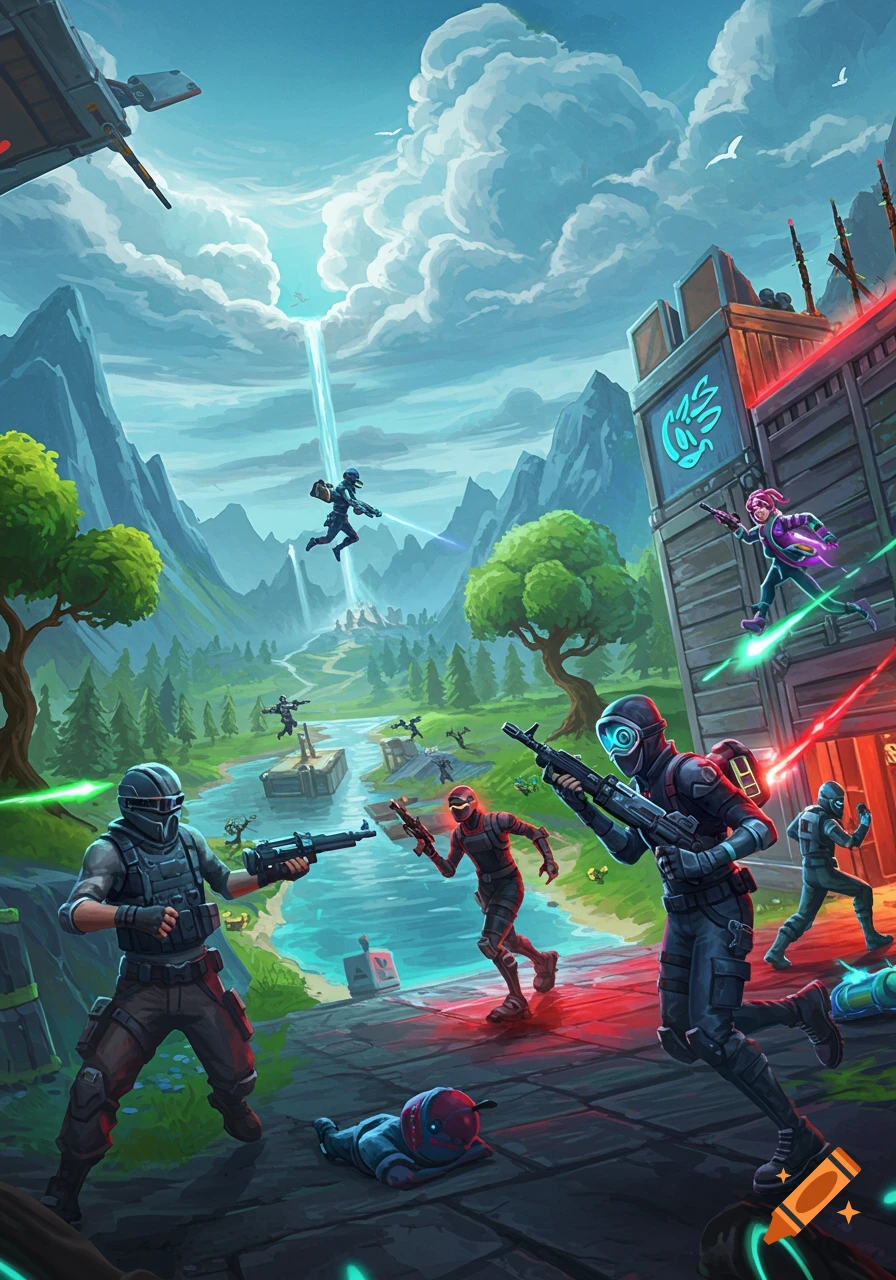 A vibrant, stylized battle scene with futuristic soldiers in a natural ...