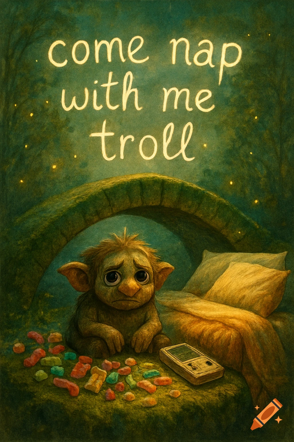 A sad troll sits under a mossy bridge next to a bed, candies, and a ...