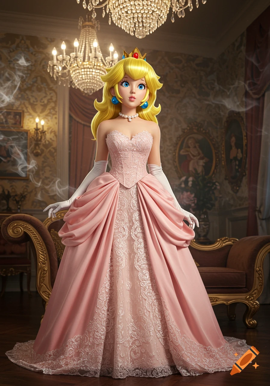 Photorealistic image of Princess Peach in a detailed pink ball gown and ...
