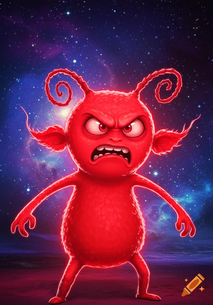 An angry red cartoon bird character with fluffy feathers and large eyes ...