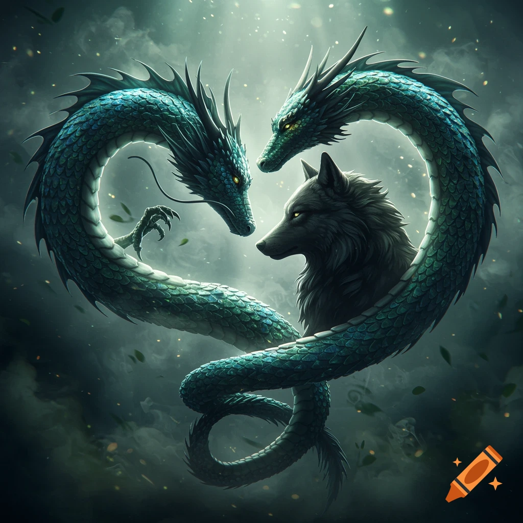 Two teal dragons and a grey wolf with glowing eyes form a heart shape ...