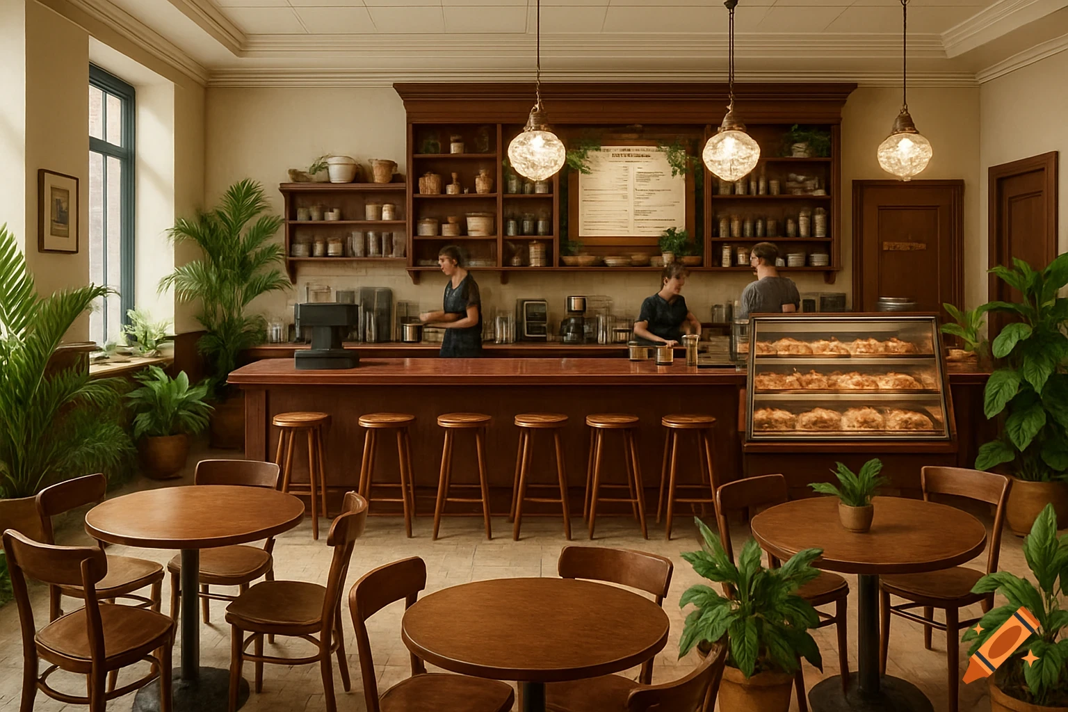 A cozy Bohemian cafe interior with warm sunlight, wooden furniture, lush hanging plants, string ...