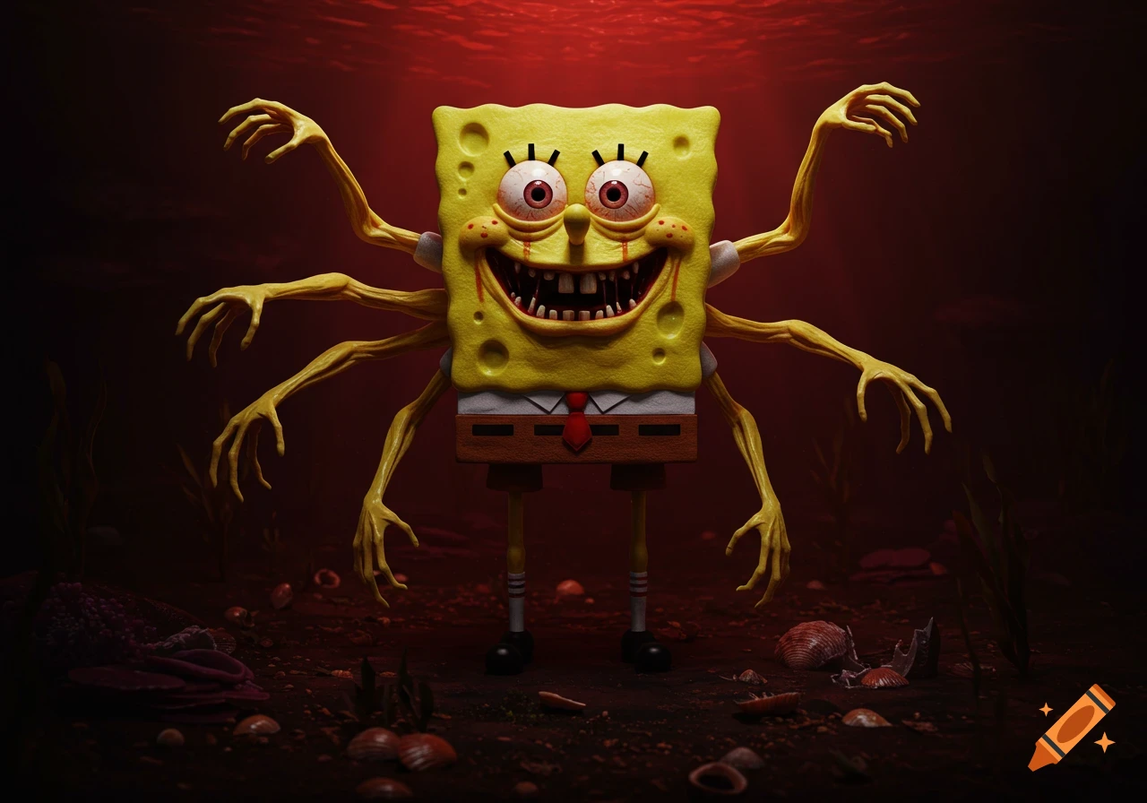 Hyperrealistic horror-style Spongebob SquarePants with human-like eyes and multiple spindly arms ...